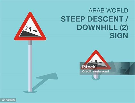 교통 규제 규칙 고립 된 아랍 세계 가파른 내리막 내리막 도로 표지판 전면 및 상단 모습 벡터 일러스트 템플릿입니다 가파른에 대한 스톡 벡터 아트 및 기타 이미지 Istock