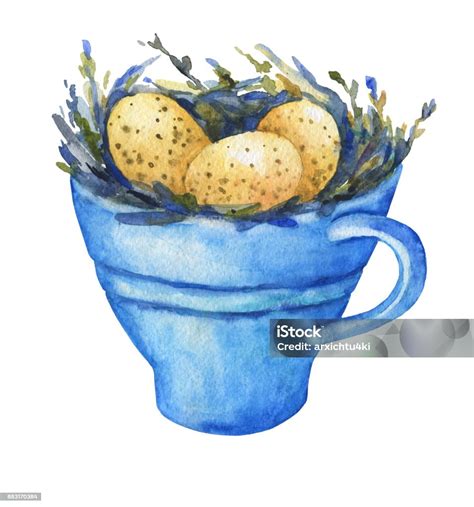 파란 컵에 노란색 계란 부활절을 위한 가정 장식 새 둥지 수채화 손으로 그린 그림을 흰색 배경에 고립 된 그림 가정 생활에 대한 스톡 벡터 아트 및 기타 이미지 Istock