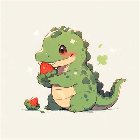 Crocodile Eat Strawberry Chibi Cartoon Style Isolated Plain Background By Ai Generated Stock