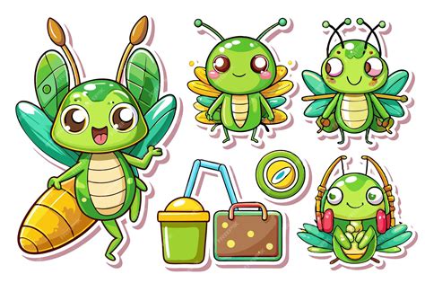 Cute Cartoon Green Grasshopper Characters With Drinks And Accessories