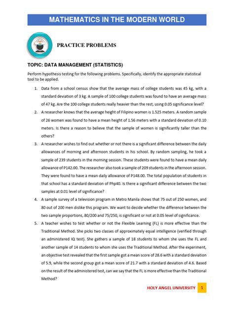 mathmworld module 2 practice hypothesis testing pdf sampling