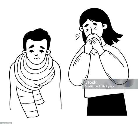 감기에 걸린 아픈 사람들 몇 명 스카프에 싸인 얼어붙은 슬픈 남자 손수건에 재채기를하는 소녀 낙서 스타일의 벡터 개요 그림입니다 추운 계절 캐릭터 개념 추위와 치료 2명에