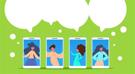 남자 여자 통신 모바일 응용 프로그램 채팅 거품 초상화 다양성 포즈 평면 수평 녹색 배경 개체 그룹에 대한 스톡 벡터 아트 및