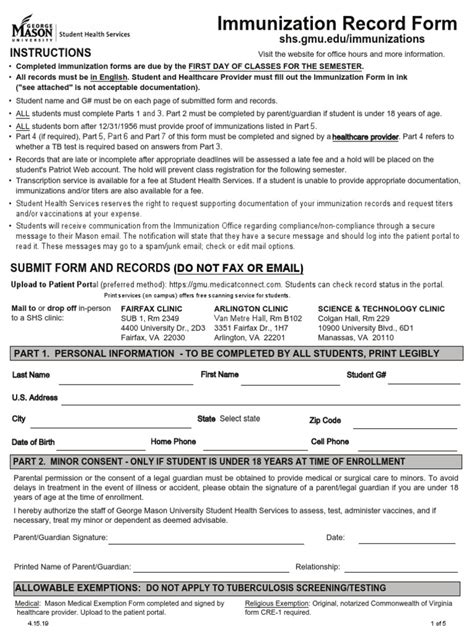 Gmu Immunization Form Download Free Pdf Hepatitis B Hepatitis