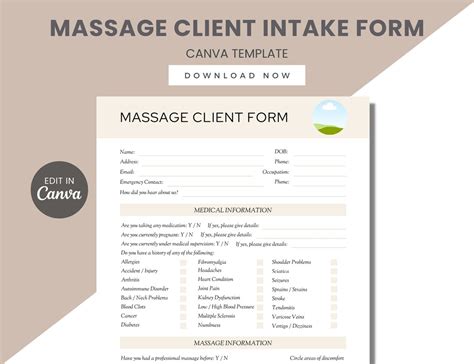 Massage Intake Form Editable Massage Treatment Form Canva Etsy