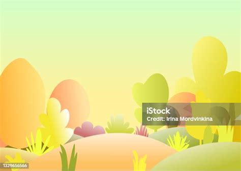 평평한 가을 숲 나무가있는 풍경 심플한 상징적 스타일로 일러스트레이션 재미있는 장면 안개 만화 디자인 국가 야생 식물 벡터 0명에 대한 스톡 벡터 아트 및 기타 이미지