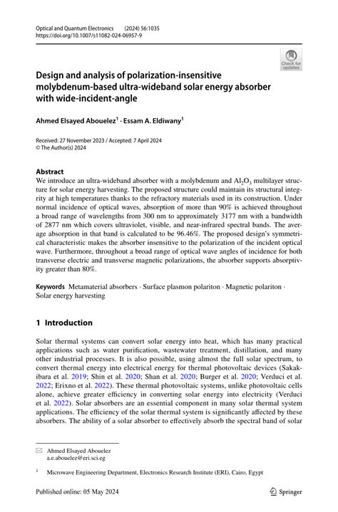 Pdf Design And Analysis Of Polarization Insensitive Molybdenum Based Ultra Wideband Solar
