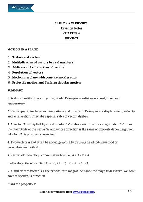 Class 11 Physics Chapter 4 Motion In A Plane Notes Vidyakul