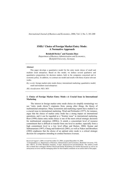 Pdf Smes Choice Of Foreign Market Entry Mode A Normative Approach