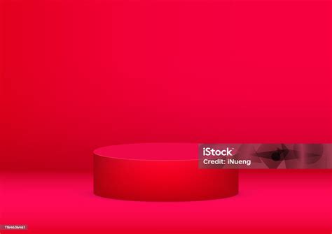 복사 공간이있는 제품 디스플레이를위한 빈 연단 스튜디오 빨간색 배경 쇼룸 촬영 렌더링 제품을 광고하기 위한 배너 배경입니다 벽에