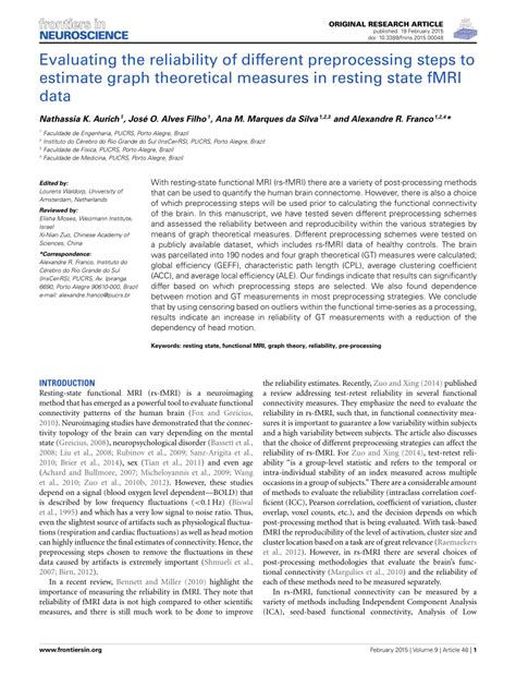Pdf Evaluating The Reliability Of Different Preprocessing Steps To Estimate Graph Theoretical
