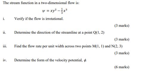 Solved The Stream Function In A Two Dimensional Flow Is Y