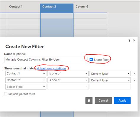 dynamic view using multiple contact columns to restrict access