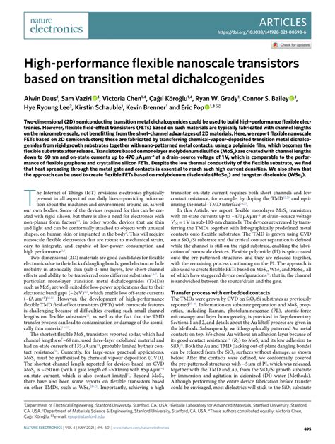 Pdf High Performance Flexible Nanoscale Transistors Based On Transition Metal Dichalcogenides