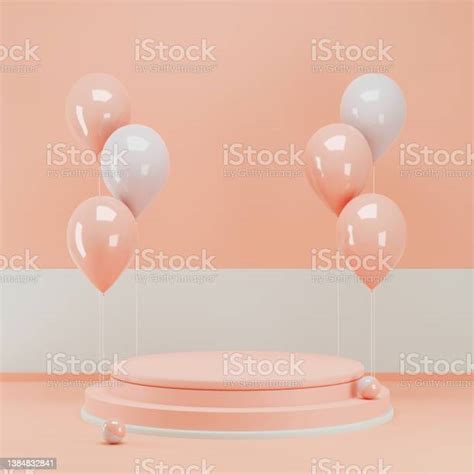브랜딩 아이덴티티 및 패키징 프레젠테이션을 위한 제품 디스플레이용 풍선과 함께 핑크 연단을 3d 렌더링 0명에 대한 스톡 사진 및 기타 이미지 Istock