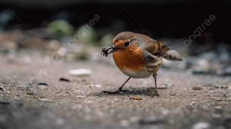 Small Bird With A Snack Sitting On The Ground Background A Cute And