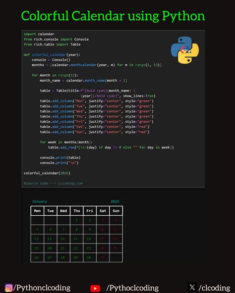 Colorful Calendar Using Python — Python Coding Clcoding Buymeacoffee