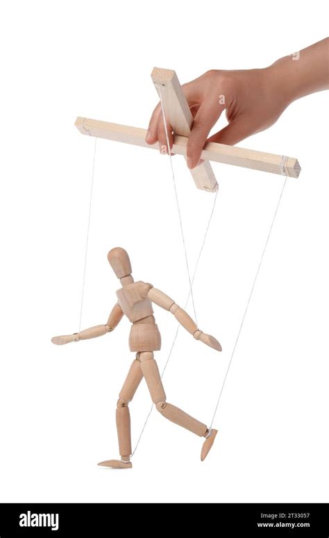 Woman Pulling Strings Of Puppet On White Background Closeup Stock Photo Alamy