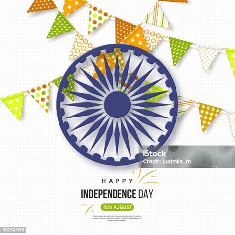인도 독립 날 휴가 배경 인도 깃발 그림자 점선된 패턴 벡터 일러스트 레이 션 3d 바퀴의 전통적인 삼 색에 멧 새 플래그입니다 8월에 대한 스톡 벡터 아트 및 기타 이미지