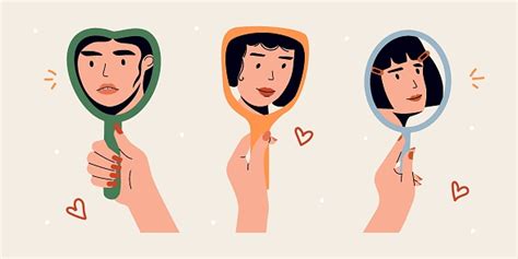 손잡이 거울 거울을 보고 있는 여자 거울에 비친 여성의 얼굴 긍정적인 자기 수용과 자신감을 가진 만화 여성 캐릭터 벡터 플랫 세트 개념에 대한 스톡 벡터 아트 및 기타