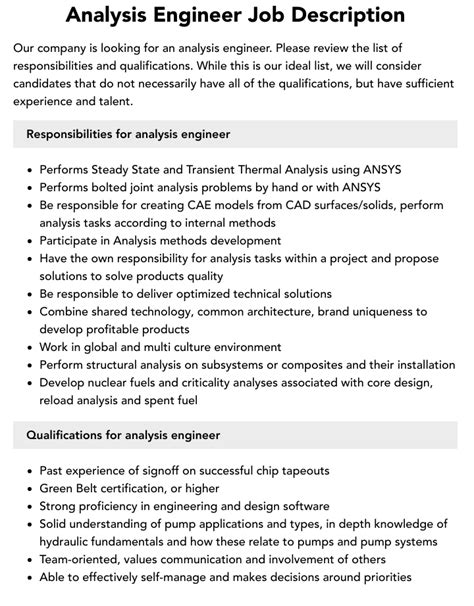Analysis Engineer Job Description Velvet Jobs