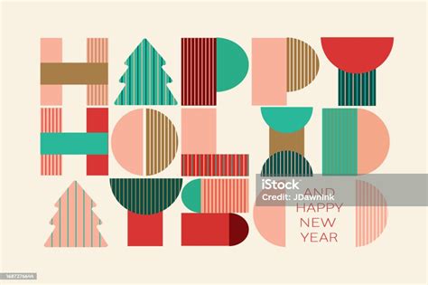 해피 홀리데이와 새해 복 많이 받으세요 인사말 추상 기하학적 모자이크 인사말 카드 플랫 디자인 템플릿 나무 줄무늬 개체 그룹에 대한 스톡 벡터 아트 및 기타 이미지 Istock