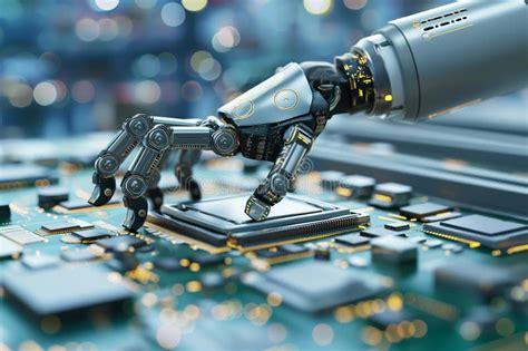 Advanced Robotic Arm Engaged In Precision Assembly Of Electronics On A Circuit Board Automation