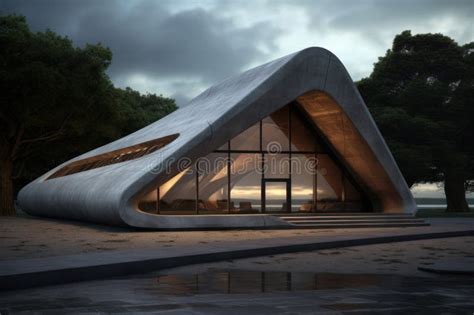A Modern Building With A Distinctive Triangular Roof Structure Sitting