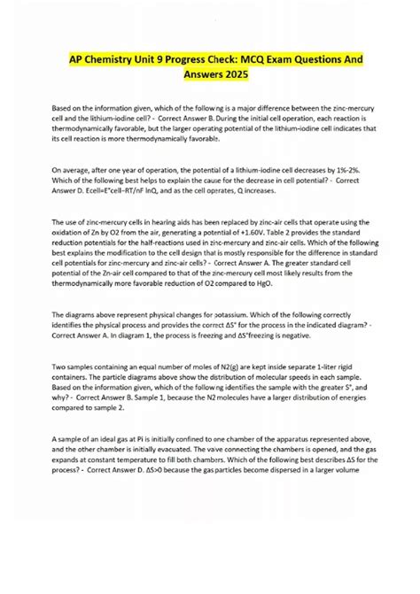 AP Chemistry Unit Progress Check MCQ Exam Questions And Answers AP Chemistry Stuvia US