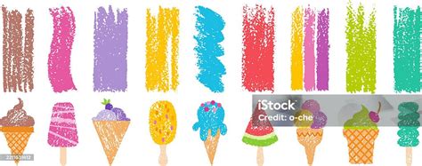 스트로크 라인이 있는 아이스크림 귀여운 모양 여름 벡터 마커 또는 크레용 질감 달콤한 스크래치 과일 아이스크림 콘 낙서 스플래쉬 손으로 그린 아이스 캔디 Bg 수채화 녹는