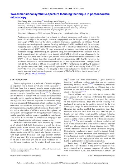 Pdf Two Dimensional Synthetic Aperture Focusing Technique In Photoacoustic Microscopy