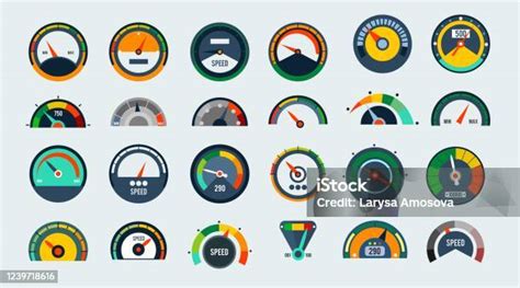 다른 스타일과 기호와 속도계 벡터 컬렉션입니다 고객 충성도 및 비즈니스 점수 표지판 플랫 스타일로 설정 속도 표지판과 아이콘 벡터 일러스트레이션 개념에 대한 스톡 벡터 아트