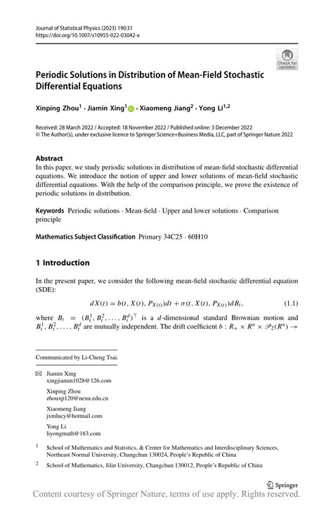 Periodic Solutions In Distribution Of Mean Field Stochastic Differential Equations Request Pdf