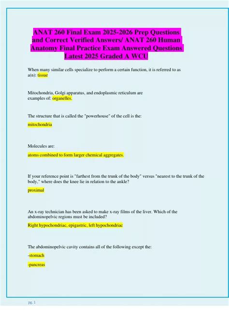Anat 260 Final Exam Prep Questions And Correct Verified Answers Anat
