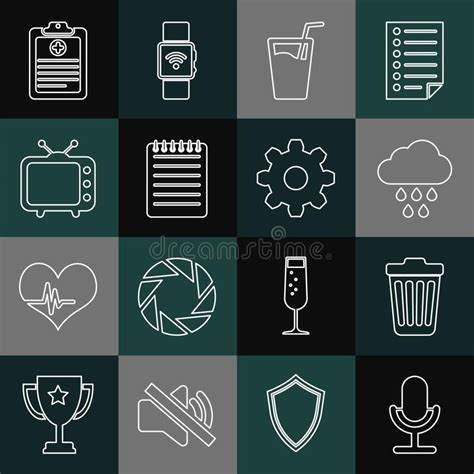 Set Line Microphone Trash Can Cloud With Rain Glass Water Notebook Television Tv Clinical