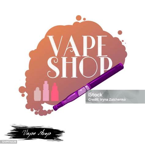 기화기와 병이 있는 Vape 숍 로고 디자인과 흰색으로 분리된 액정 연기 디지털 아트 일러스트레이션 니코틴 전자 담배 스티커 로고 타입에 대한 전자 담배 라벨 대안 개성