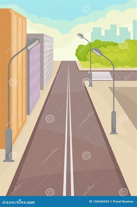 Rua Da Cidade Com Estrada Prédios Postes De Luz E Faixa De Travessia