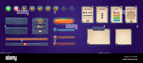 Set Of Game Stone Frames Bars Ui Scrolls Boards With Antique Parchments And Menu Buttons
