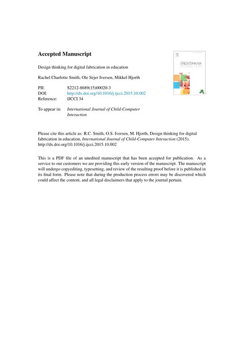 Pdf Design Thinking For Digital Fabrication In Education