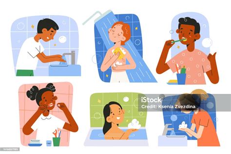 어린이 위생 루틴 작은 소년 소녀는 욕조에서 씻고 유아는 치실을 사용하고 아이는 치아를 닦고 샤워를하고 비누로 손을 씻습니다 아이에 대한 스톡 벡터 아트 및 기타 이미지