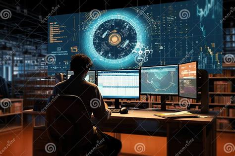 A Man Analysing Data On Multiple Screens In A Control Room Stock Illustration Illustration Of