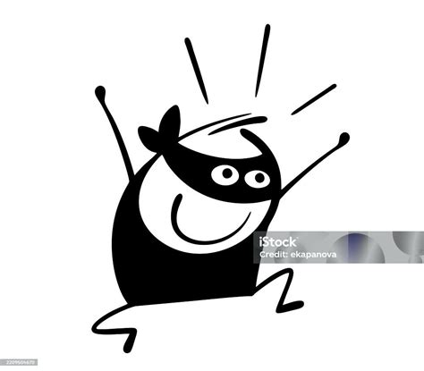 검은 가면을 쓴 낙서범이 펄쩍펄쩍 뛰며 춤을 춥니다 벡터 일러스트 레이 션 Stickman은 만족하고 범죄 또는 절도가 성공했습니다 만화 사람들은 흰색 배경에 고립되어