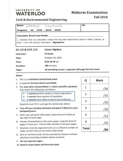 Midterm Exam 10 October Questions And Answers University Of Wat E R