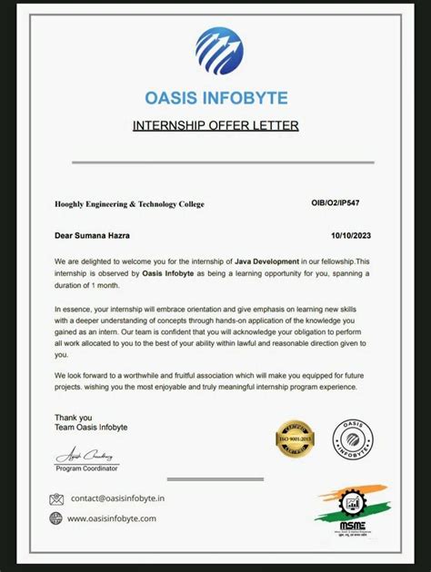 sumana hazra on linkedin oasisinfobyte javadevelopment internship