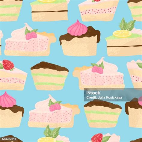 플랫 만화 스타일의 케이크와 치즈 케이크 벡터 원활한 패턴의 다양한 조각 과일과 열매를 곁들인 생일 케이크 배경 파란색 배경에 귀여운 다채로운 디저트 거품 내기에 대한 스톡