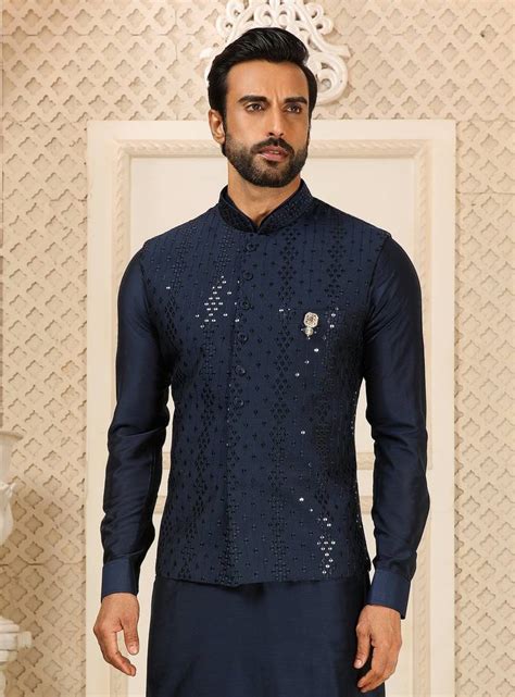 Blue Kurta Pajama Set With Embroideried Nehru Jacket Jihu 4221935