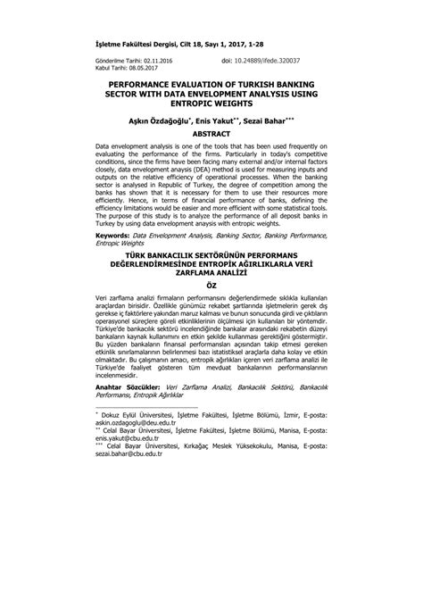 Pdf Performance Evaluation Of Turkish Banking Sector With Data Envelopment Analysis Using
