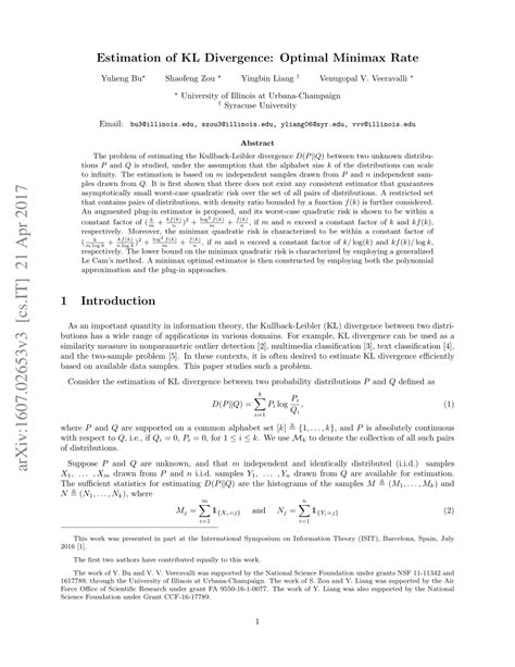 Pdf Estimation Of Kl Divergence Optimal Minimax Rate