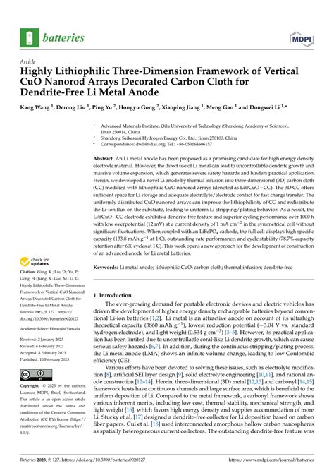 Pdf Highly Lithiophilic Three Dimension Framework Of Vertical Cuo Nanorod Arrays Decorated
