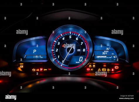 Modern Car Instrument Dashboard Panel Or Speedometer And Full Symbol In Night Time Stock Photo